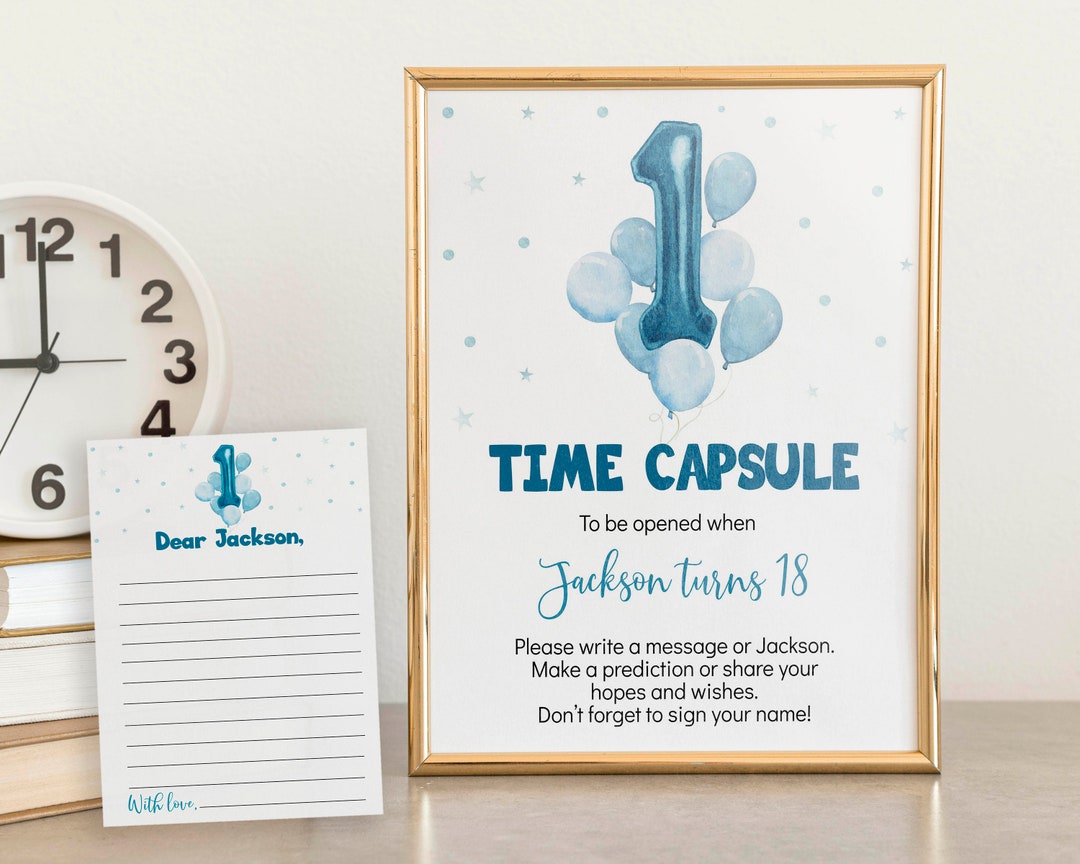 Plantilla EDITABLE de cápsula del tiempo con globo azul, signo de ...