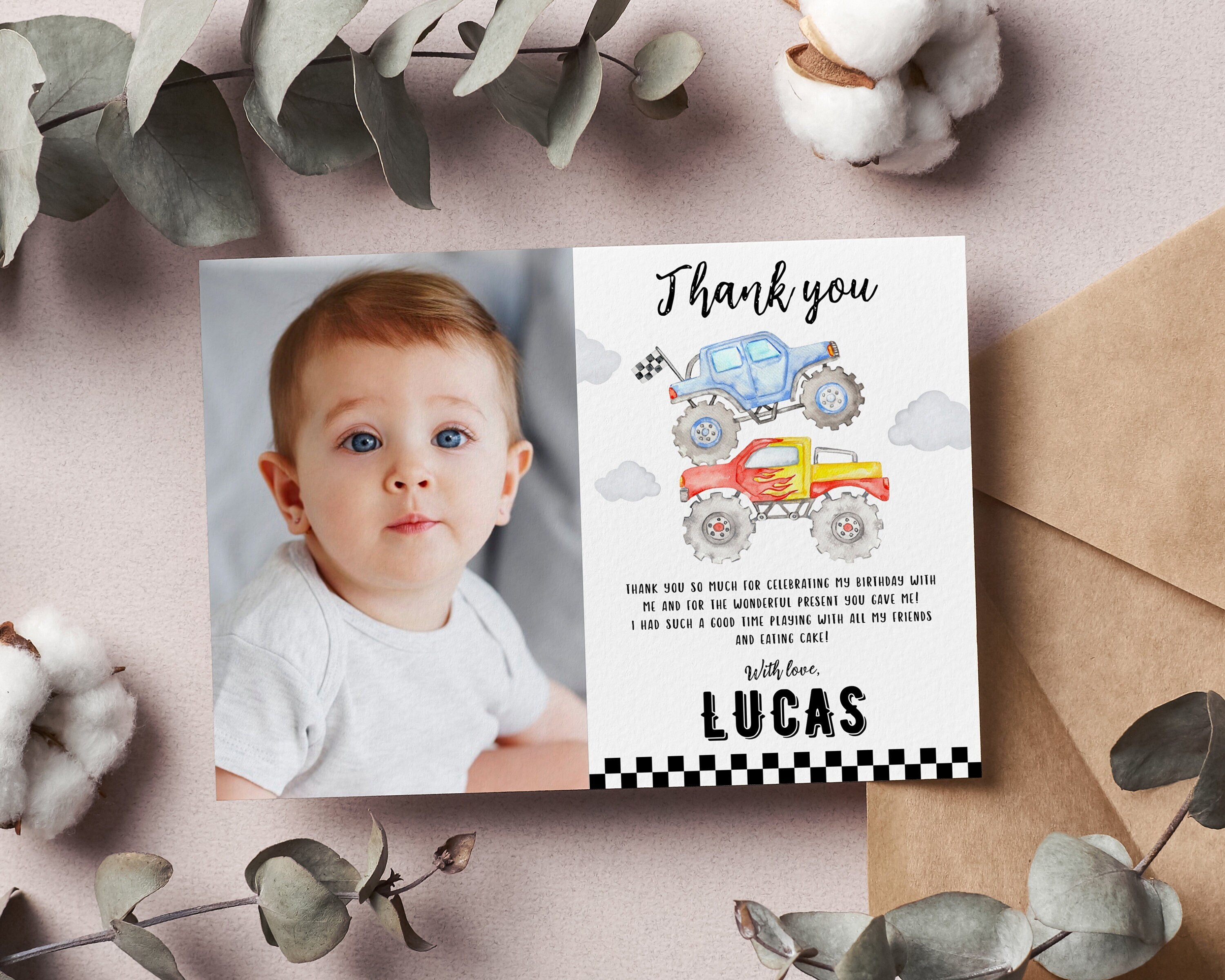 Monster Truck Birthday Photo Thank You Card Monster Trucks - Etsy
