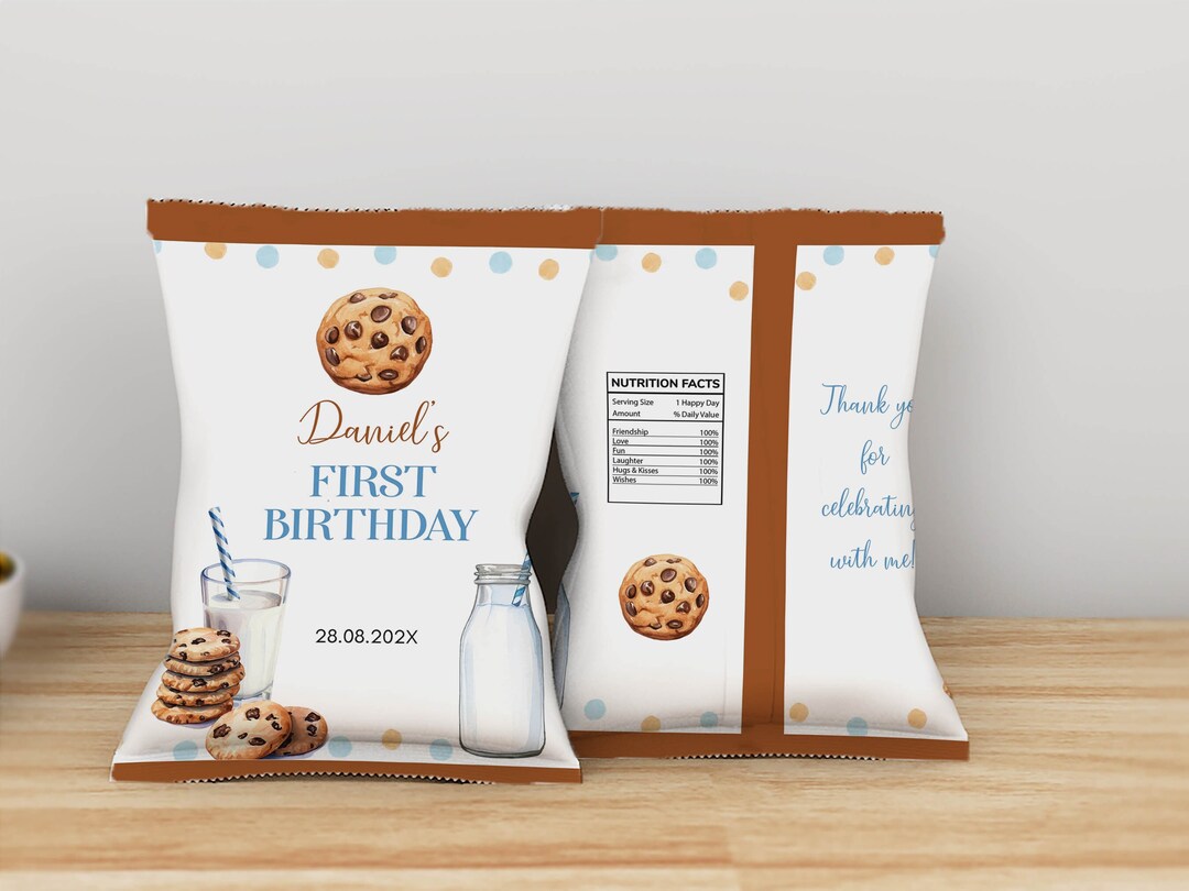 EDITABLE Milk and Cookies Birthday Party Chip Bags, Boy First Birthday ...