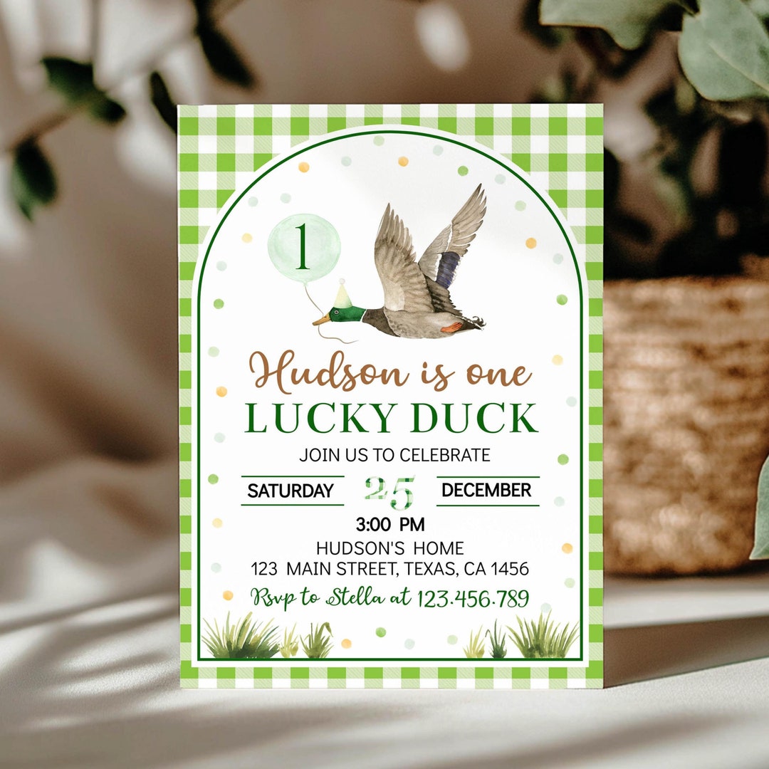 EDITABLE One Lucky Duck Birthday Invitation, Green Duck First Birthday ...
