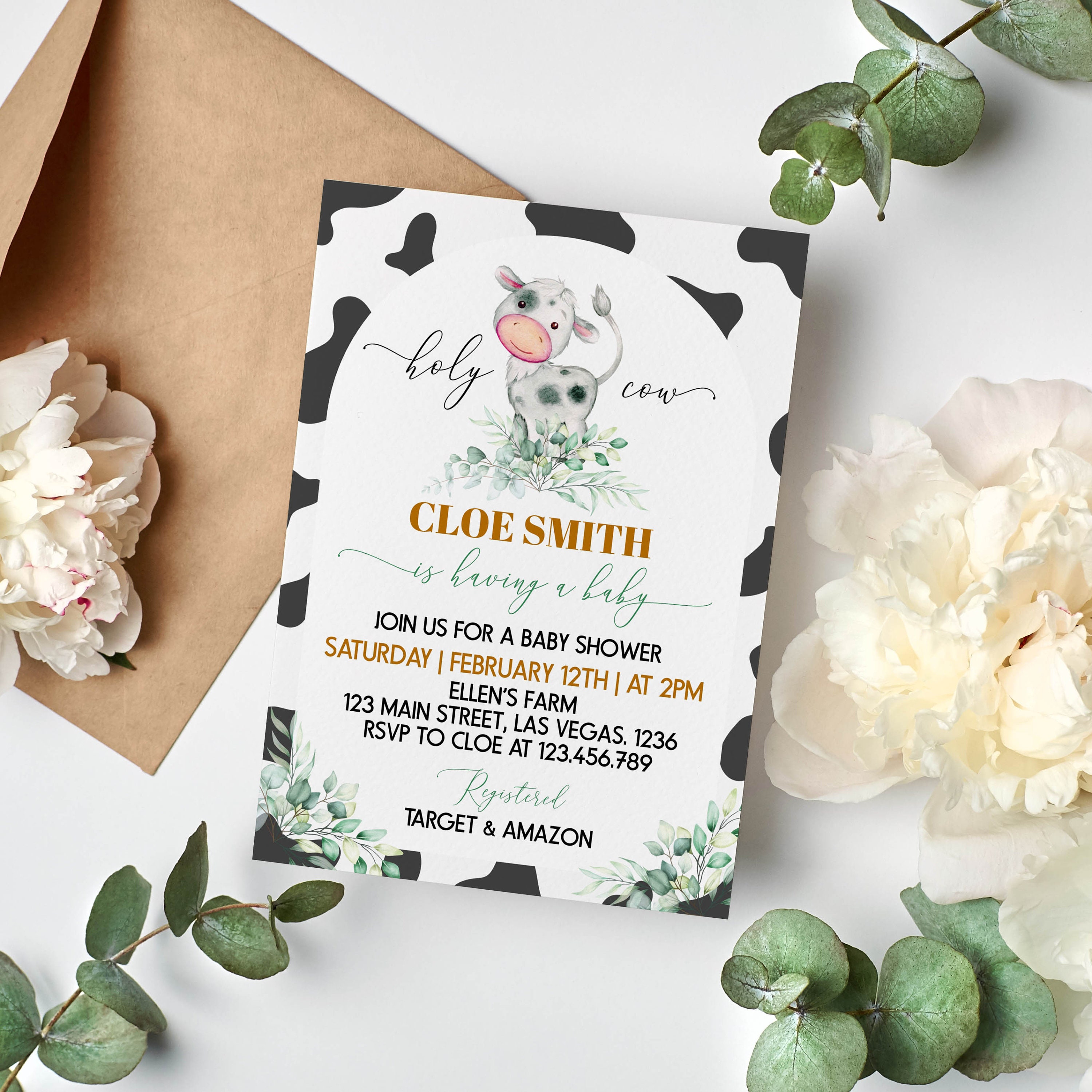 EDITABLE Cow Baby Shower Invitation, Farm Baby Shower Invite, Cow Print ...