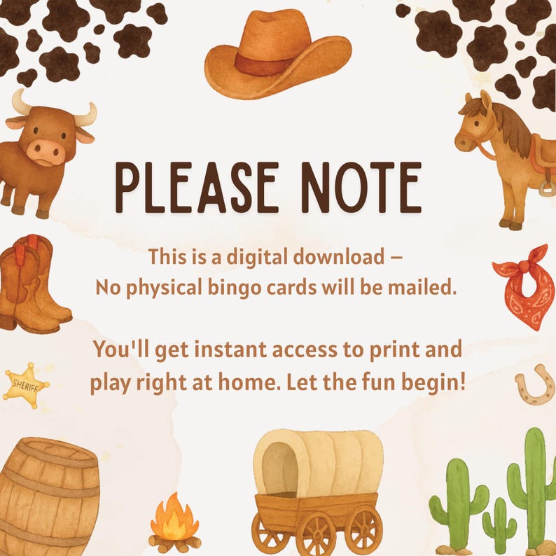 Wild West Bingo Game Printable | Western Cowboy Party Game | Kids ...