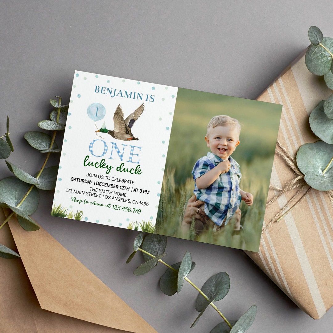 EDITABLE One Lucky Duck Birthday Invitation, Boy 1st Birthday Photo ...