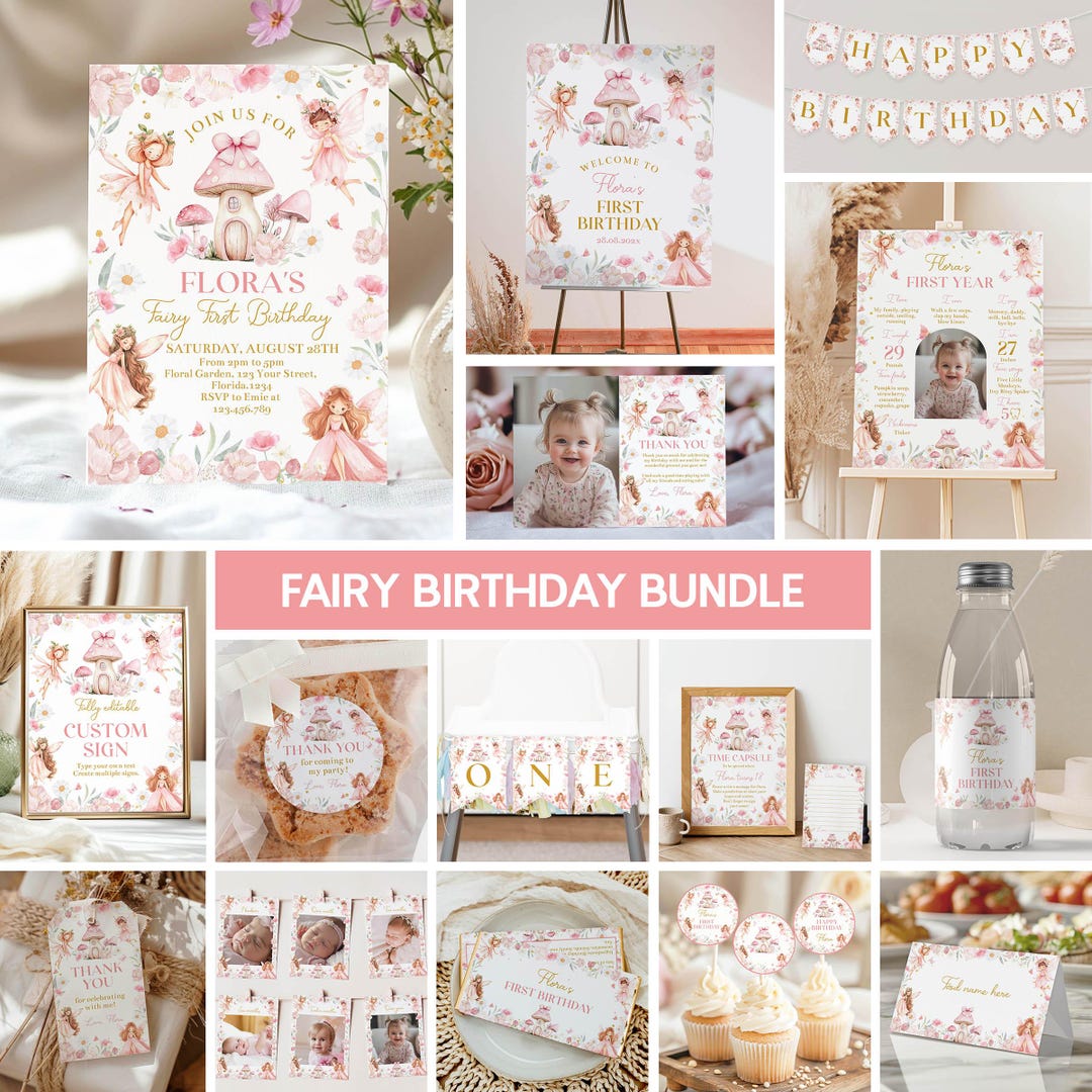 Editable Fairy First Birthday Invitation Bundle, Fairy Birthday Party ...