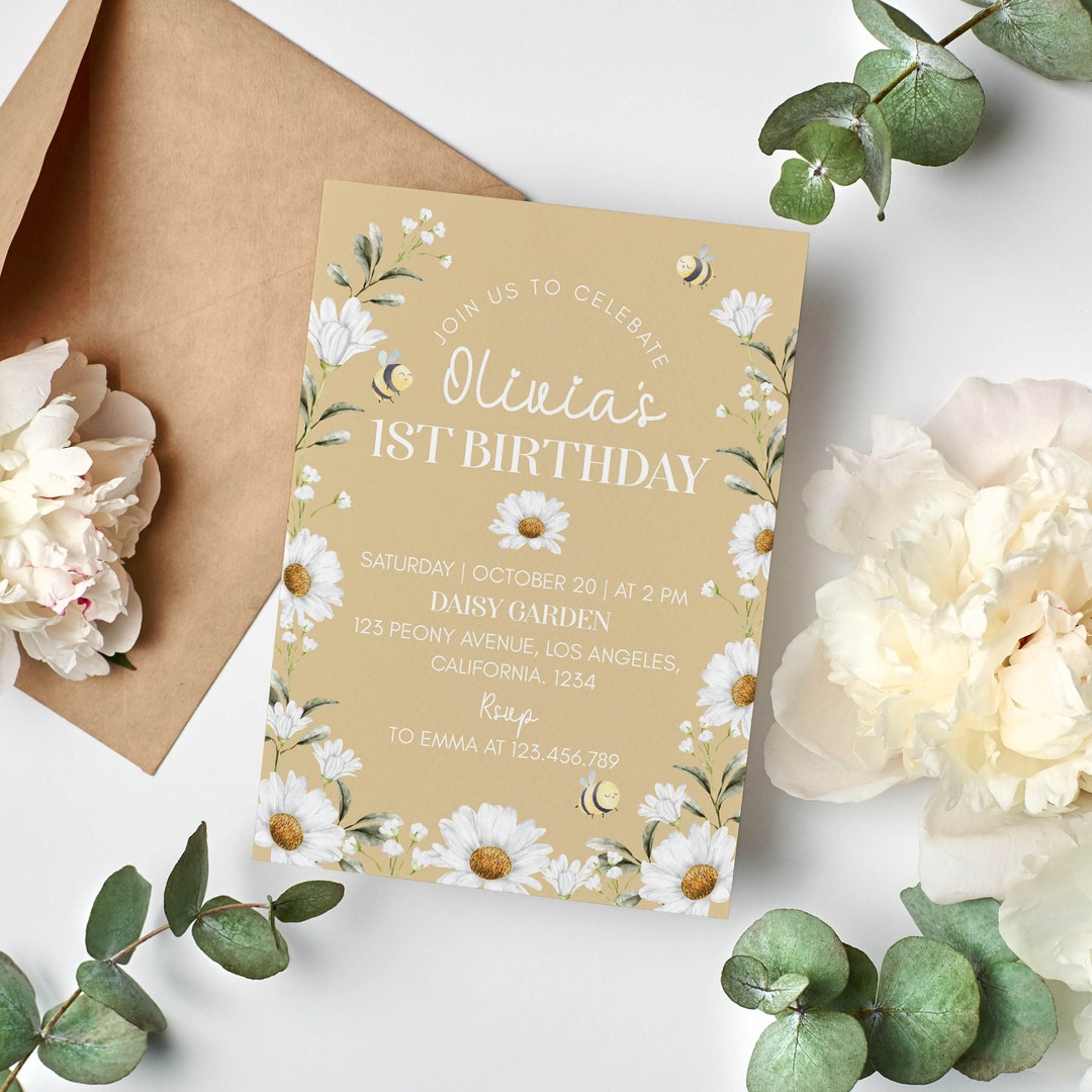 Editable Daisy First Birthday Invitation, First Bee Day Invitation, Bee ...
