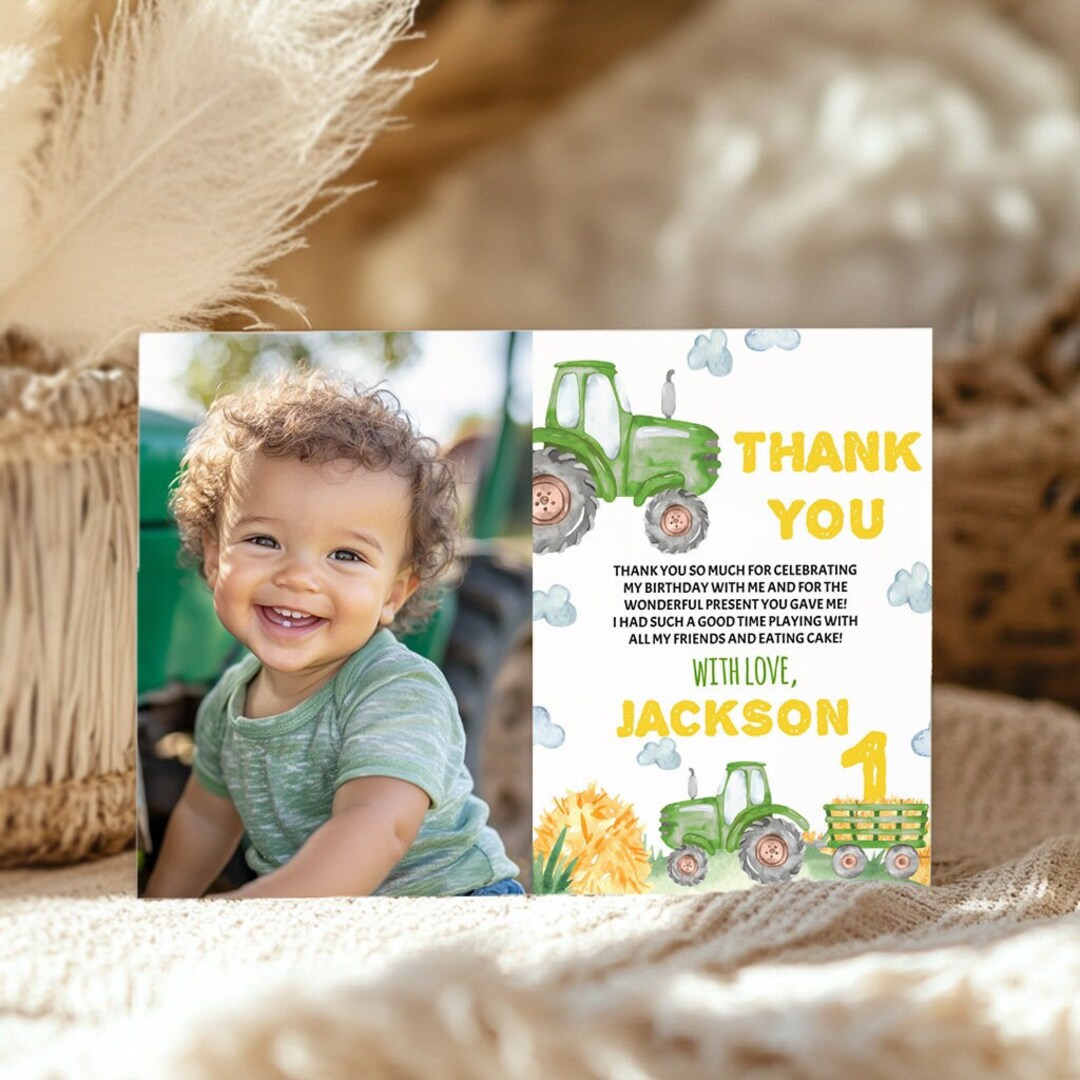 EDITABLE Tractor Birthday Thank You Card, Green Tractor Party Photo ...