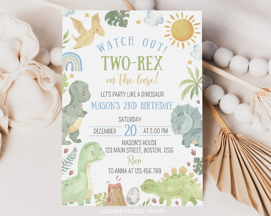 Dinosaur Birthday Invitation, Two Rex Invitation, Dinosaur Invitation ...