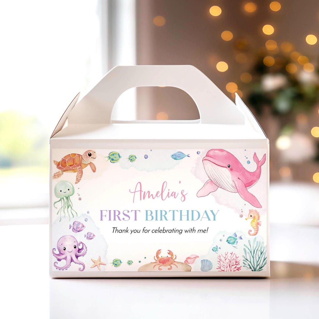 EDITABLE Under the Sea Gable Gift Box Label Cute, Ocean Birthday Party ...
