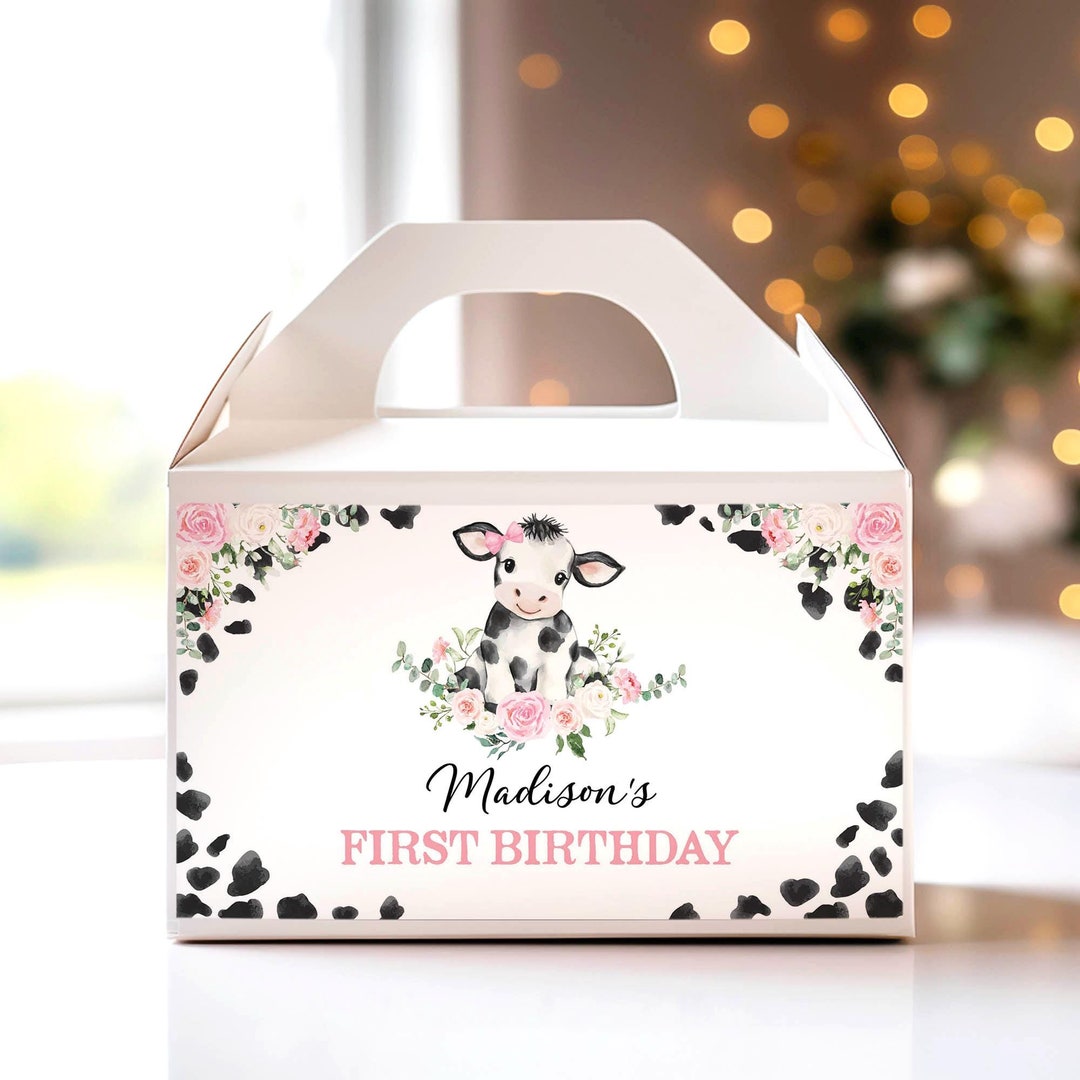 EDITABLE Holy Cow I'm One Gable Gift Box Label, Cow Birthday Party ...