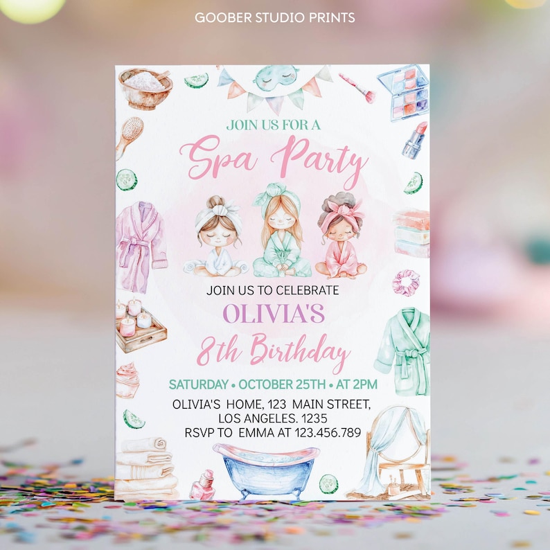 Spa Birthday Party Invitation Bundle, Editable Spa Party Complete Set ...