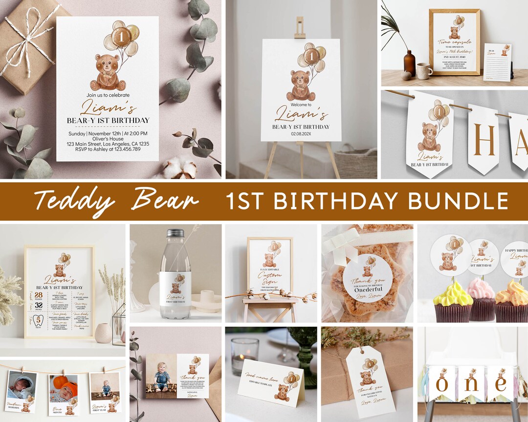 Editable Beary First Birthday Invitation Bundle, Modern Bear 1st ...