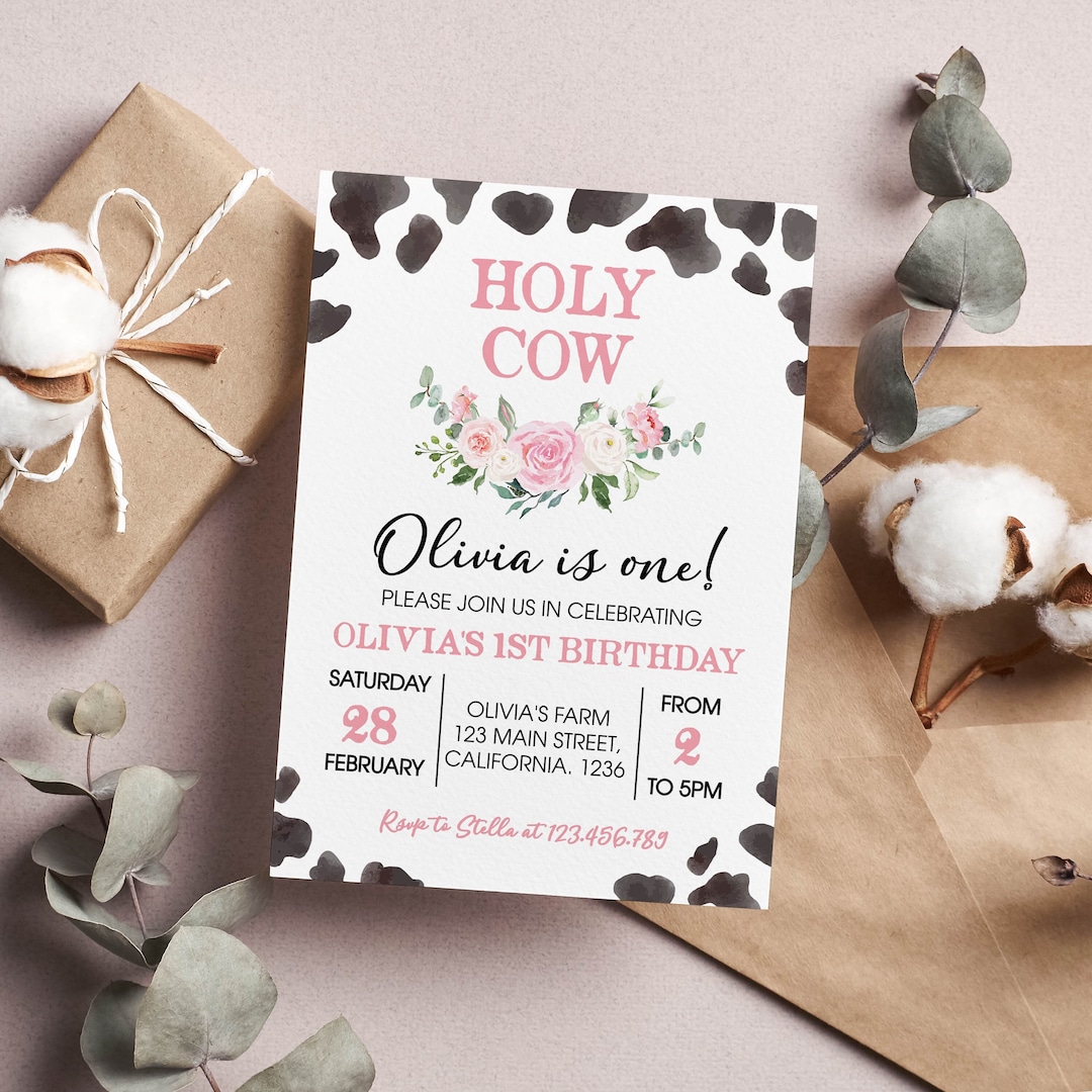 Holy Cow I'm One Invitation, Cow First Birthday Invitation, Cow Print ...