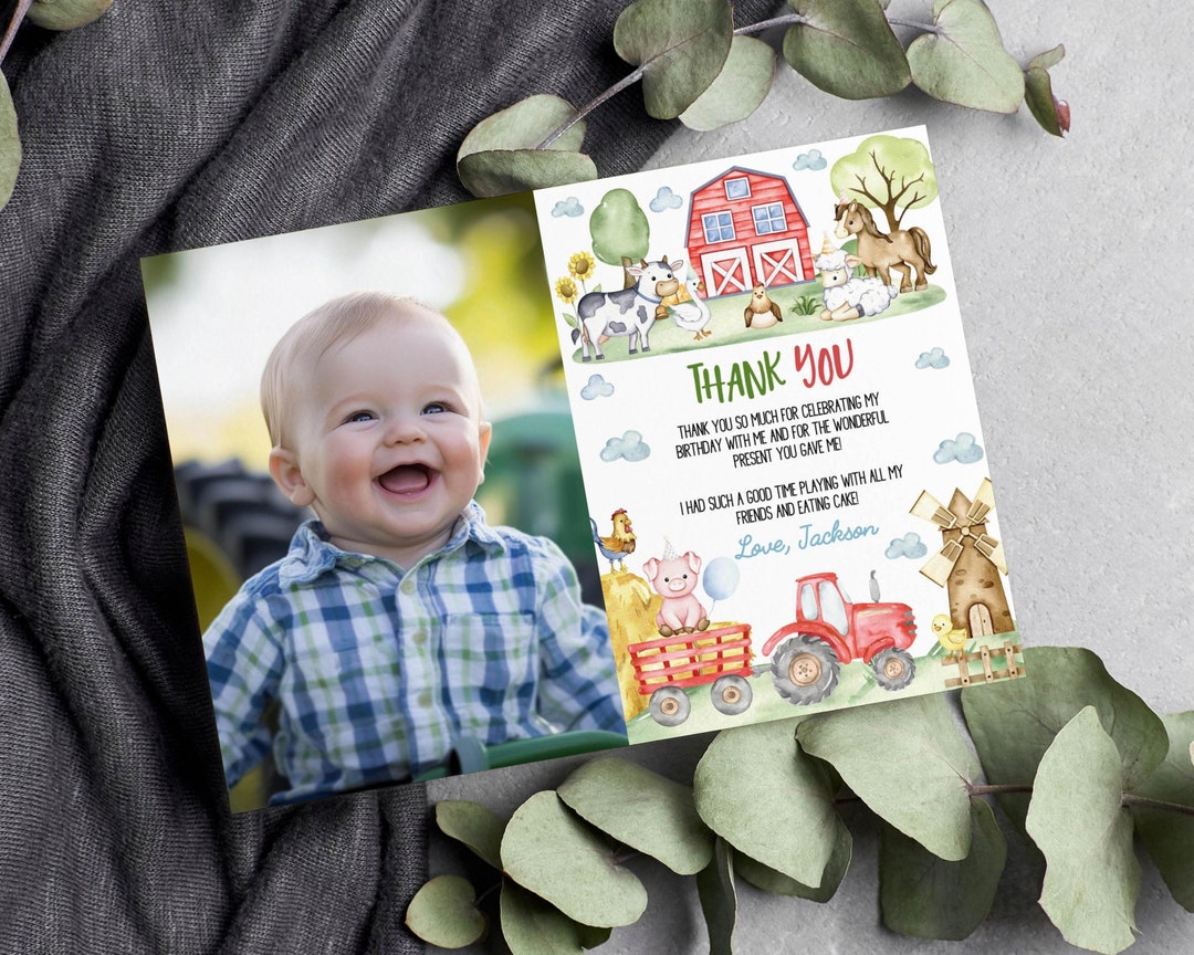 EDITABLE Farm Birthday Thank You Card, Farm Party Photo Thank You Card ...