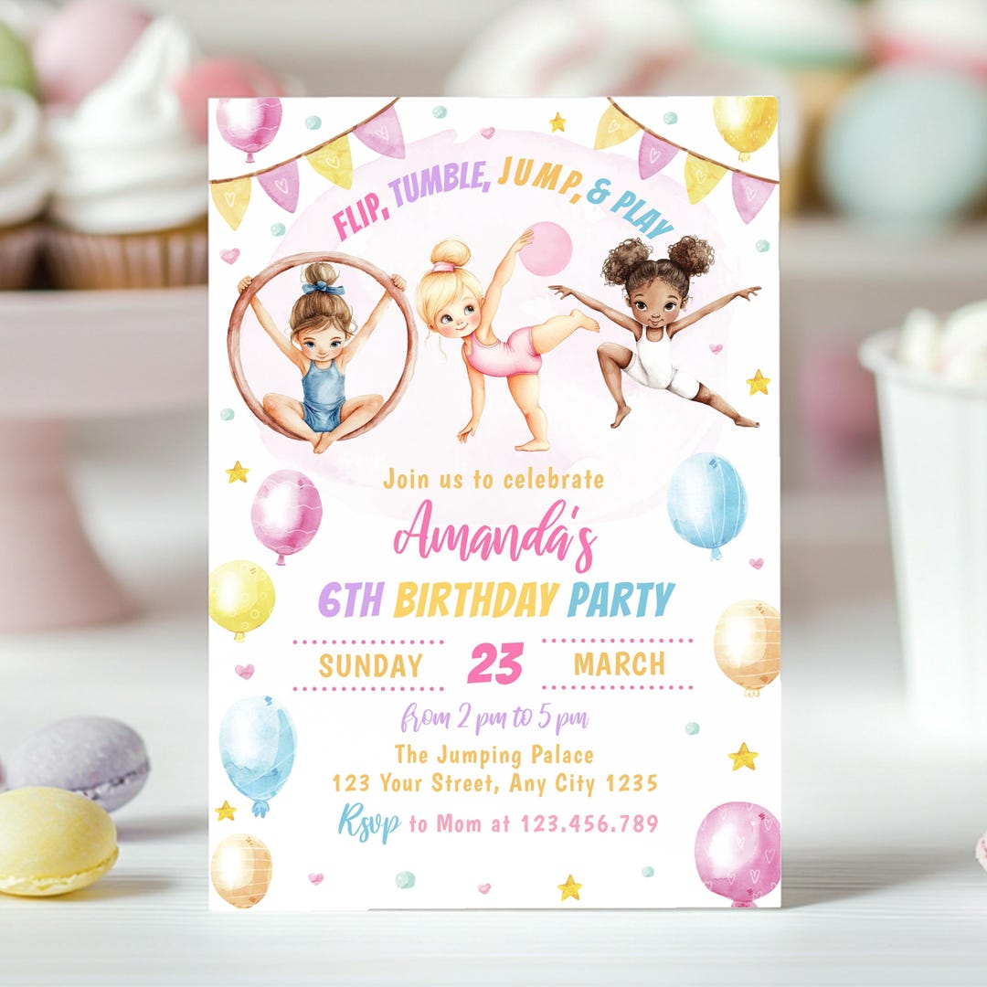 Editable Gymnastics Birthday Invitation, Girls Tumbling Gymnasts ...