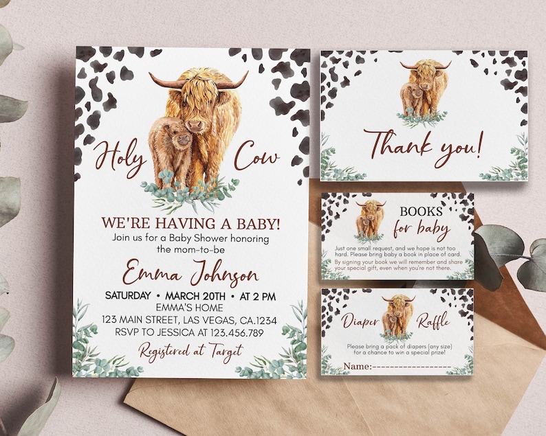 EDITABLE Highland Cow Baby Shower Invitation Set Farm Baby - Etsy