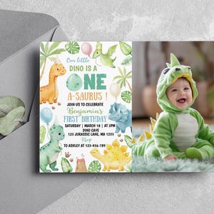 Dinosaur 1st Birthday Invitation, Dinosaur Party Photo Invitation ...