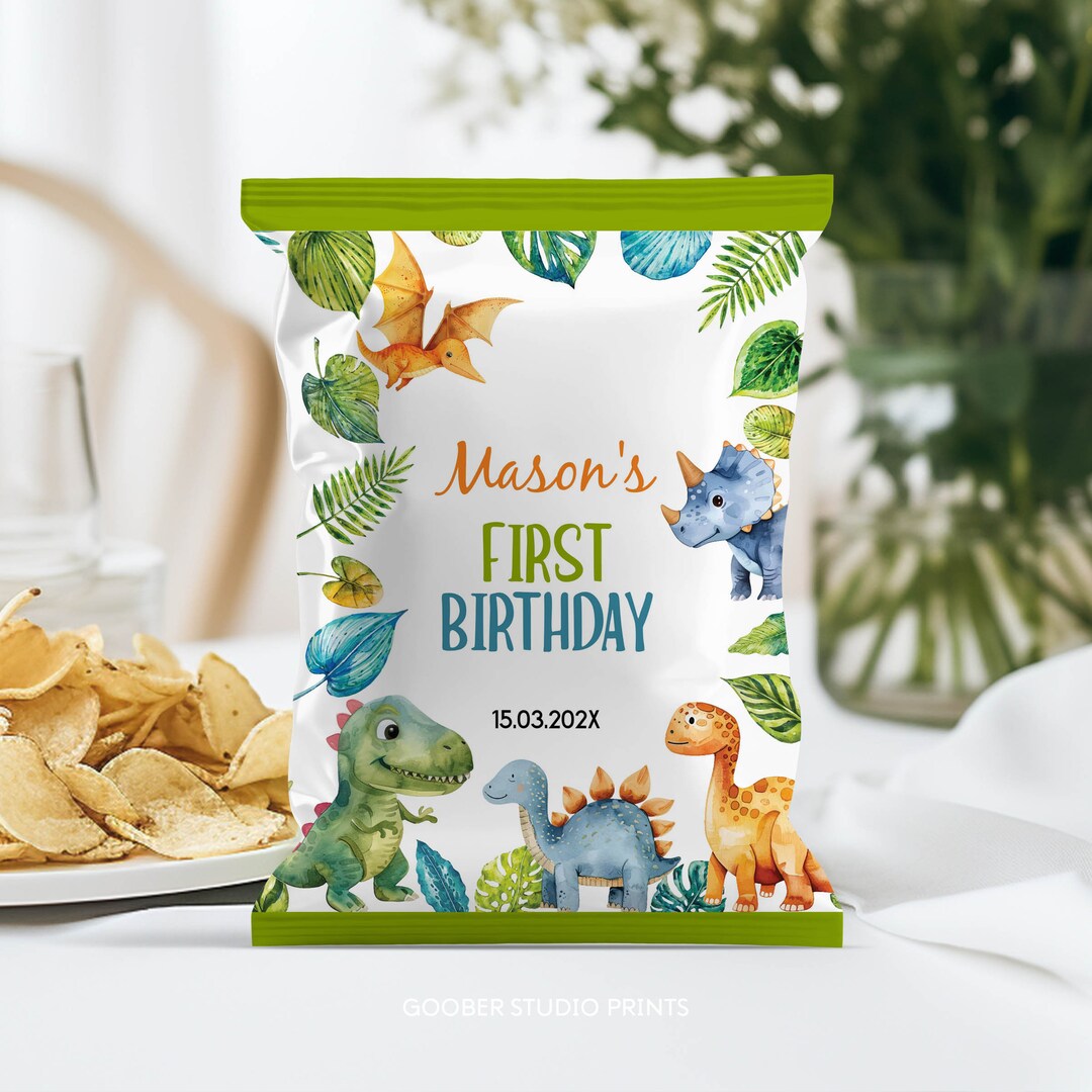 EDITABLE Dinosaur 1st Birthday Chip Bags, Dinosaur Birthday Party Snack Bags, Dinosaur Party ...