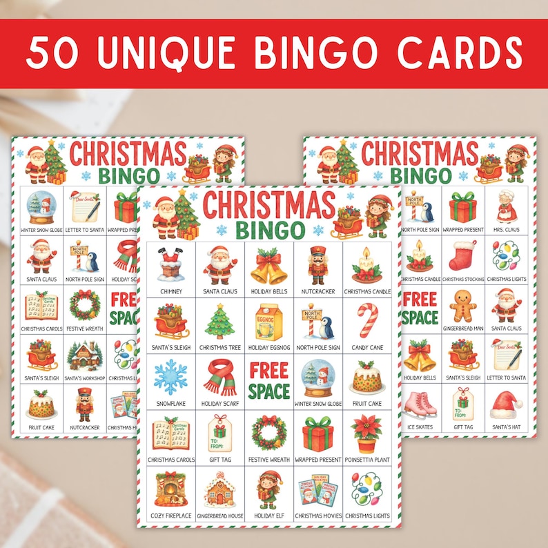 Christmas Bingo Game Printable for Kids, 50 Bingo Cards Party Game ...