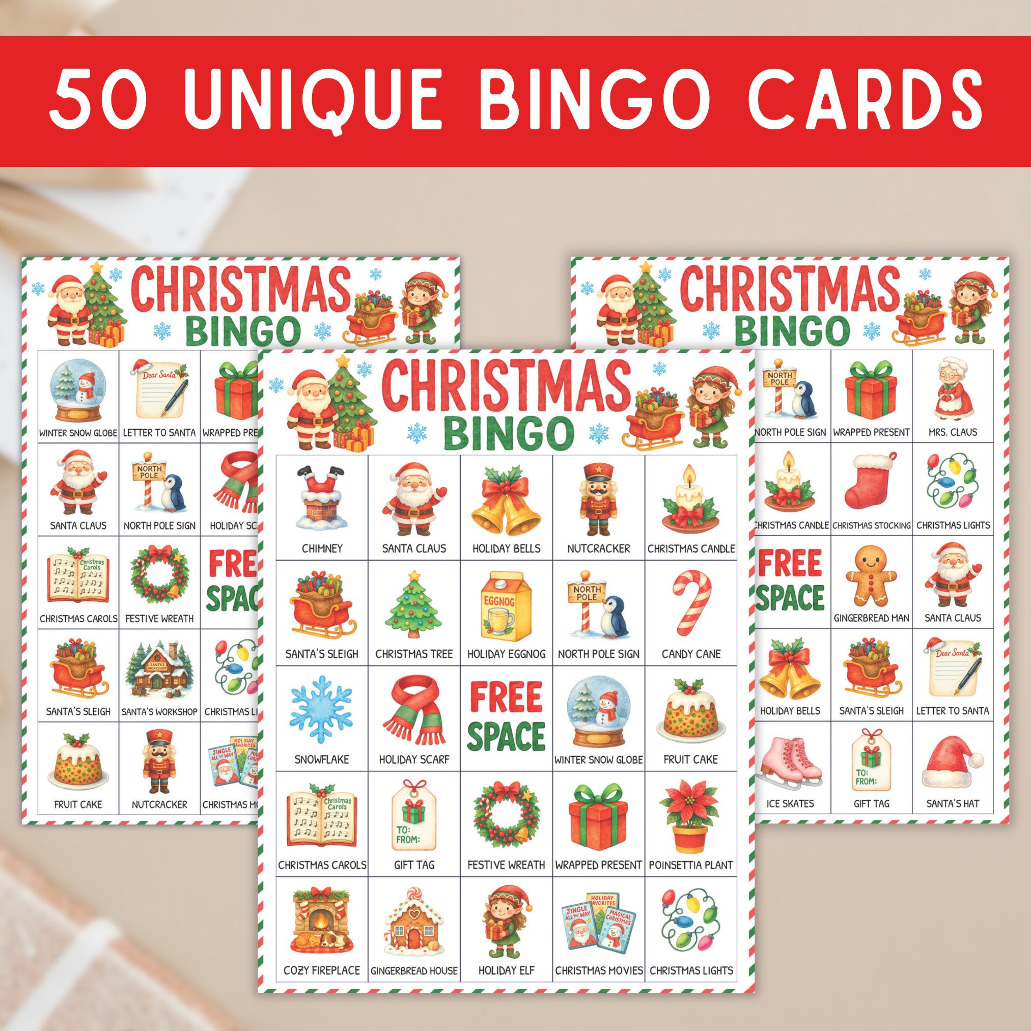 Christmas Bingo Game Printable for Kids, 50 Bingo Cards Party Game ...