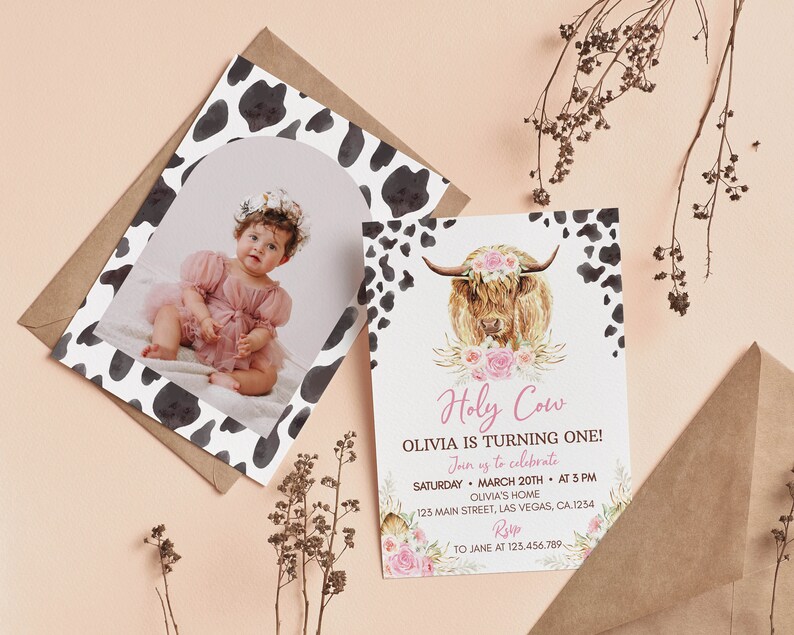 EDITABLE Holy Cow I'm One Invitation, Cow 1st Birthday Invitation ...