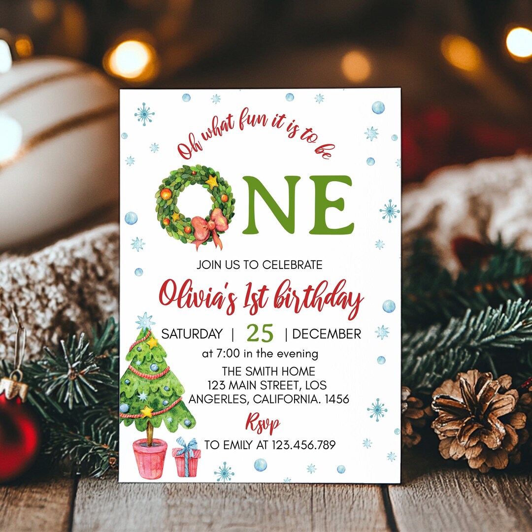 EDITABLE Christmas First Birthday Invitation, Oh What Fun Holiday ...