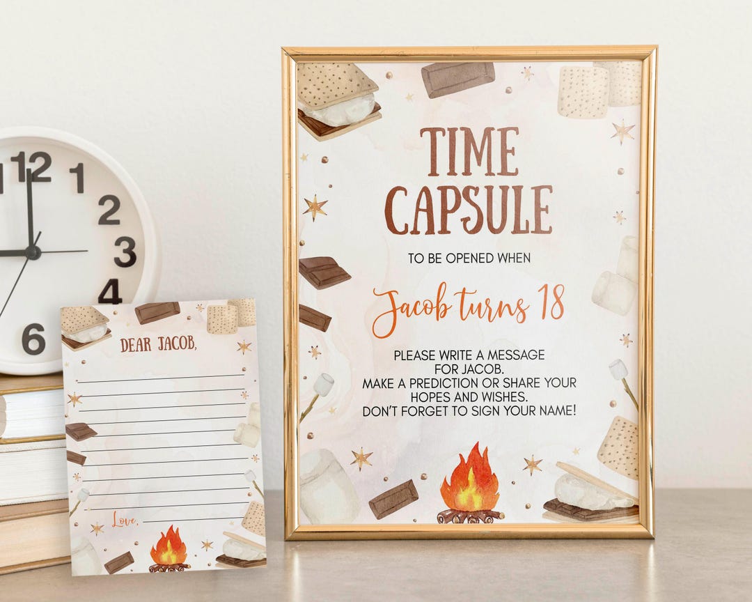 S'mores Birthday Time Capsule Sign & Note Card, Camping Birthday ...