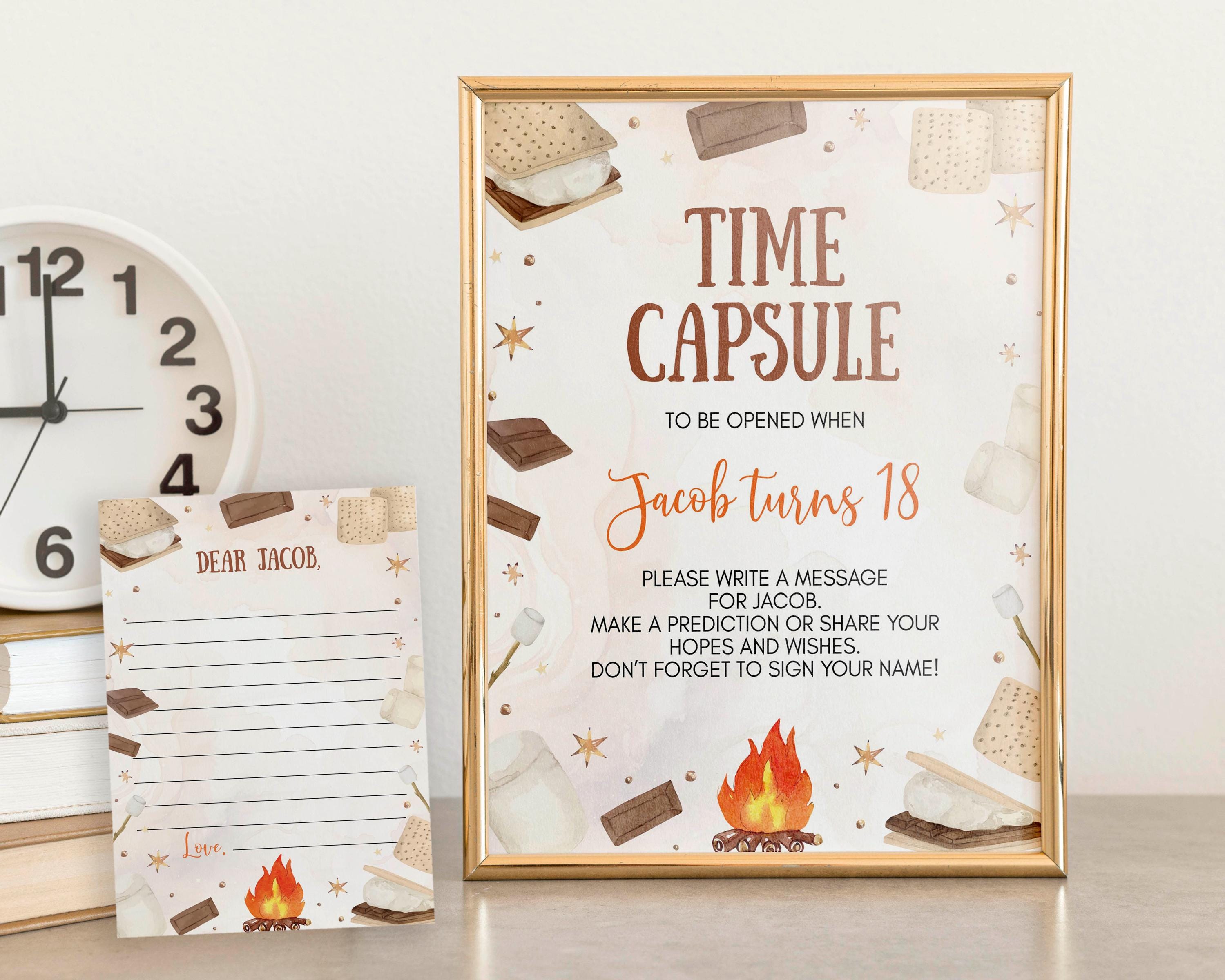 S'mores Birthday Time Capsule Sign & Note Card, Camping Birthday ...