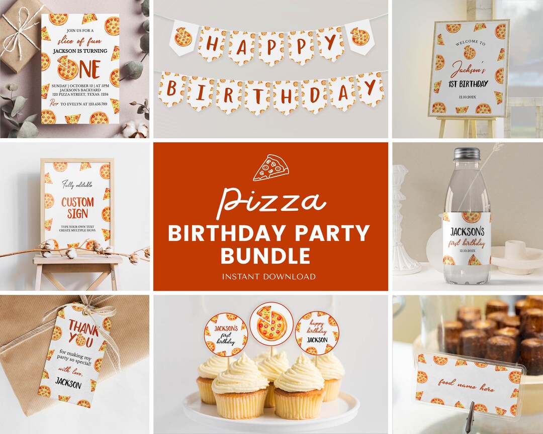 Editable Pizza Birthday Invitation Bundle, Pizza Party 1st Birthday Kit ...