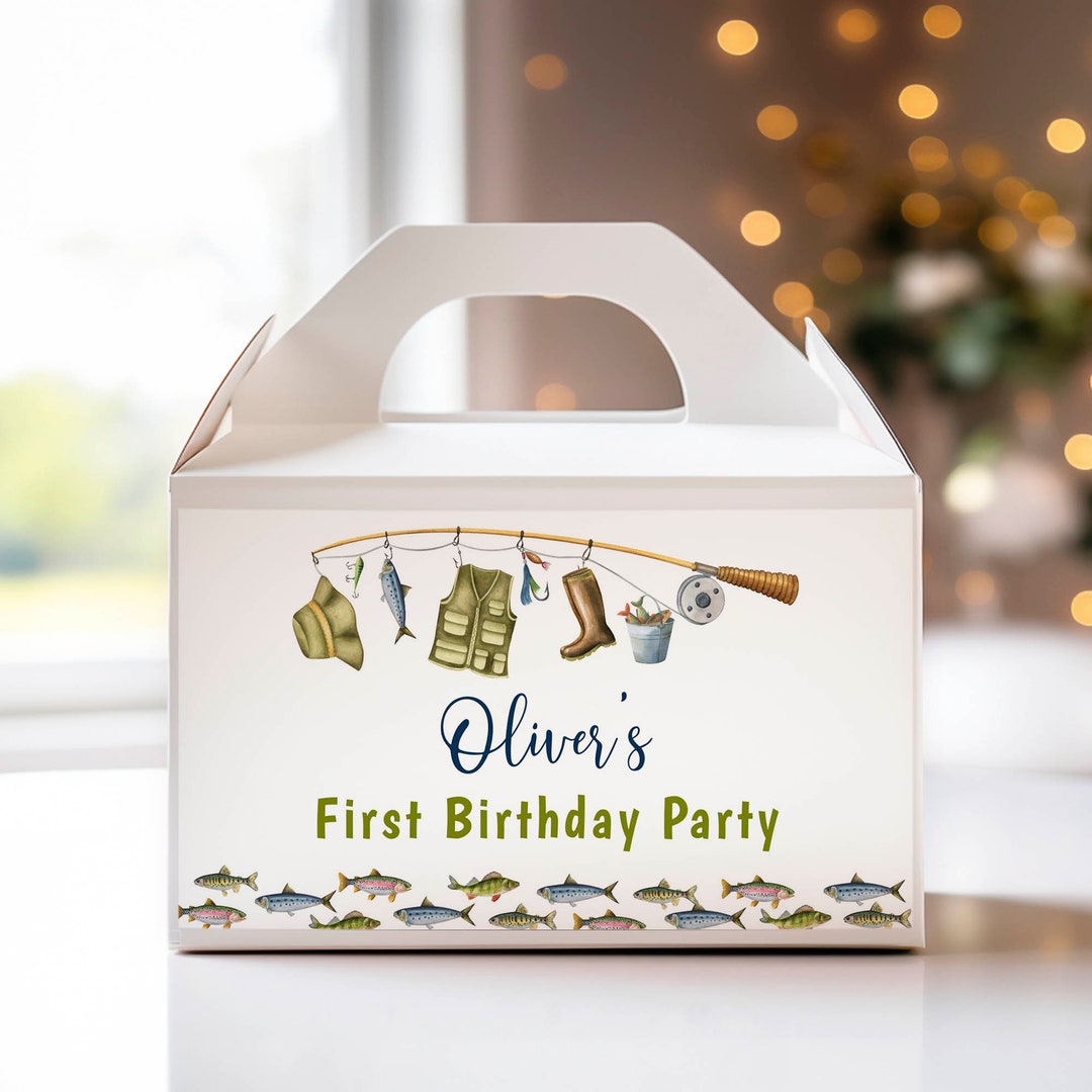 EDITABLE Fishing Gable Gift Box Label, the Big One Birthday Party Favor ...