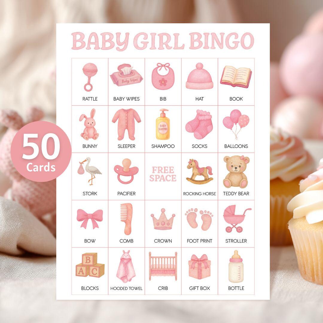 Baby Girl Shower Bingo Cards, Baby Shower Bingo Game, Fun Baby Shower ...