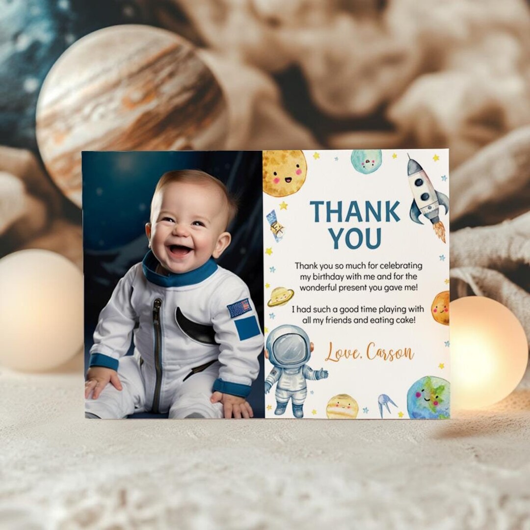 EDITABLE Outer Space Thank You Card, Galaxy Birthday Photo Thank You ...