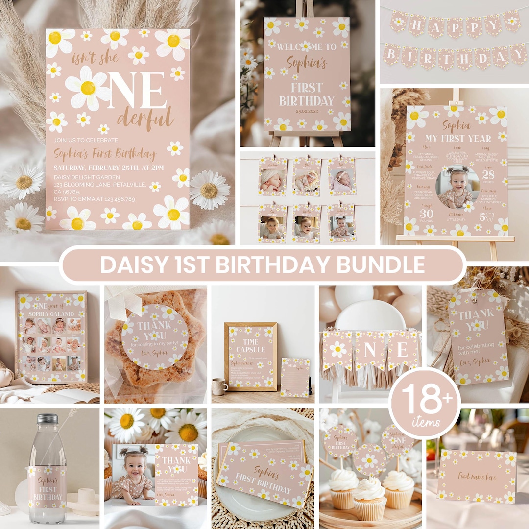 Editable Daisy First Birthday Invitation Bundle, Daisy Birthday Party ...