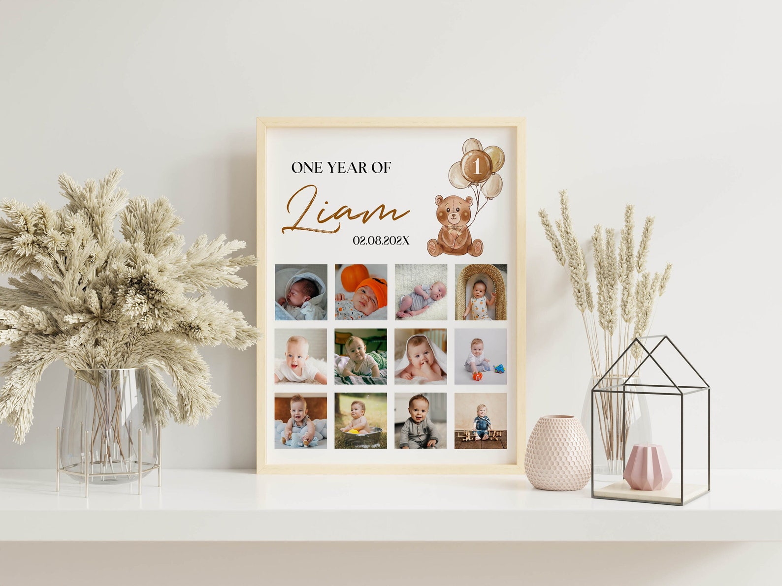Editable Bear First Year Photo Collage, Modern Bear 12 Month Collage ...