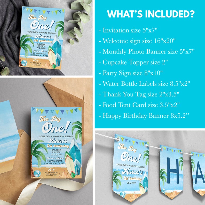 Editable the Big One Birthday Invitation Bundle Surfing - Etsy