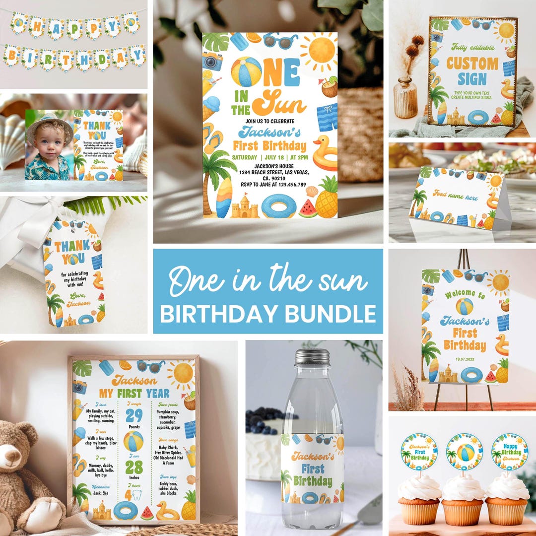 One in the Sun 1st Birthday Invitation Bundle, Editable Summer Party ...