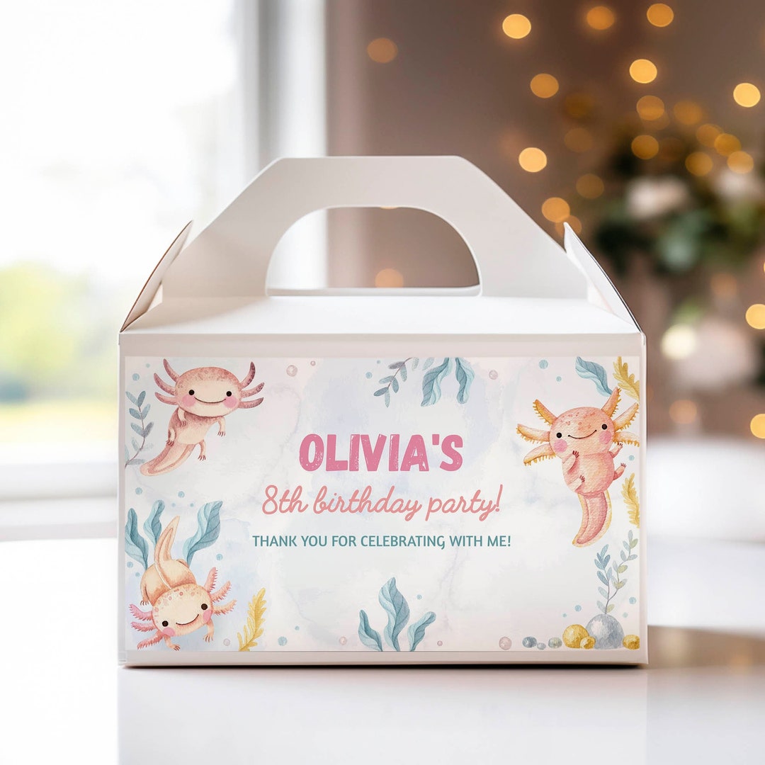 EDITABLE Axolotl Party Gable Gift Box Label, Cute Axolotl Birthday ...