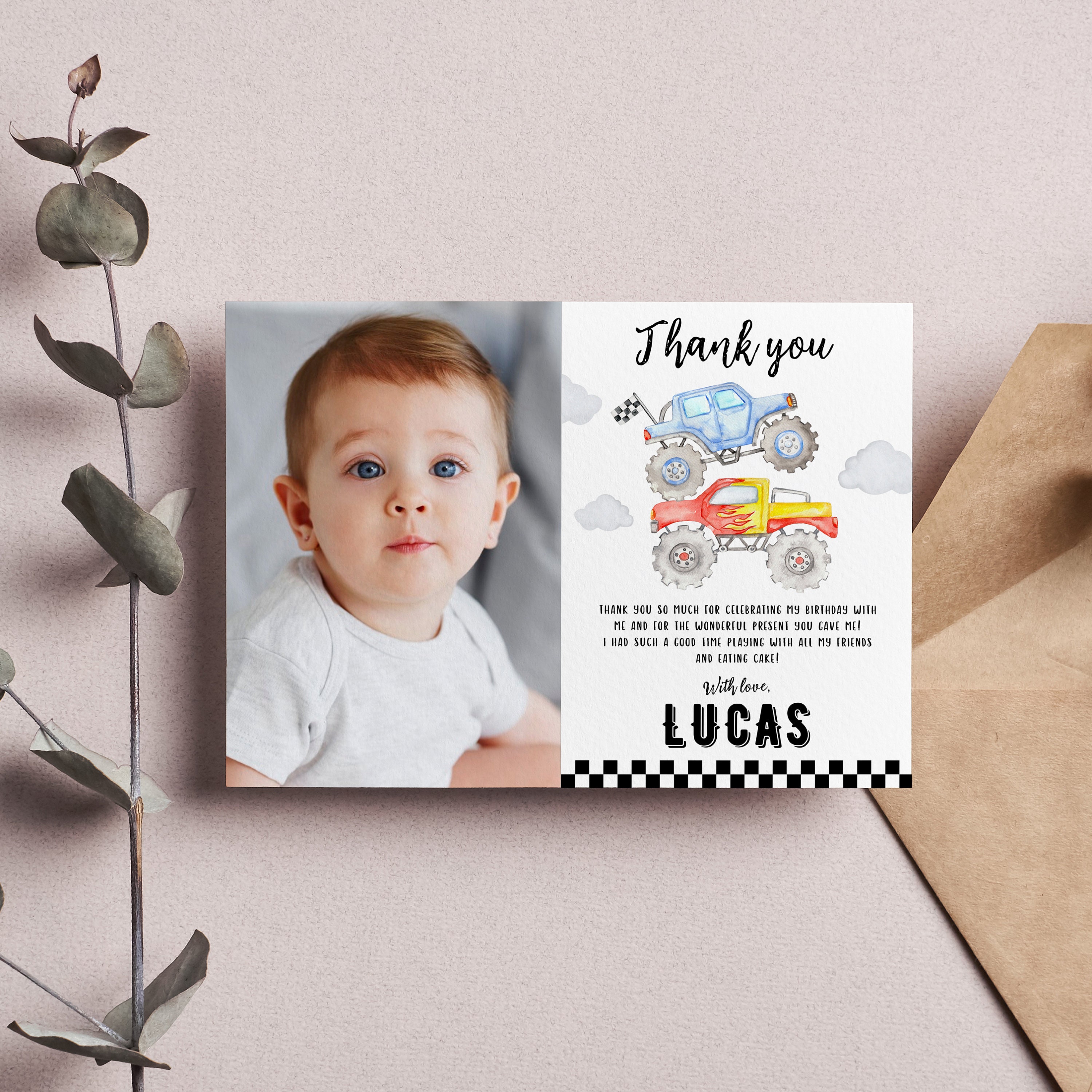 Monster Truck Birthday Photo Thank You Card Monster Trucks - Etsy