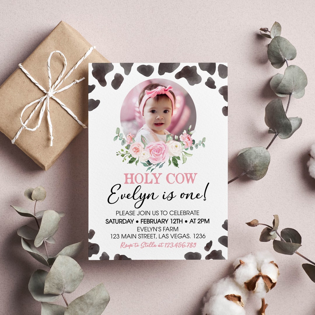 Holy Cow I'm One Invitation, Cow First Birthday Invitation, Modern Cow ...
