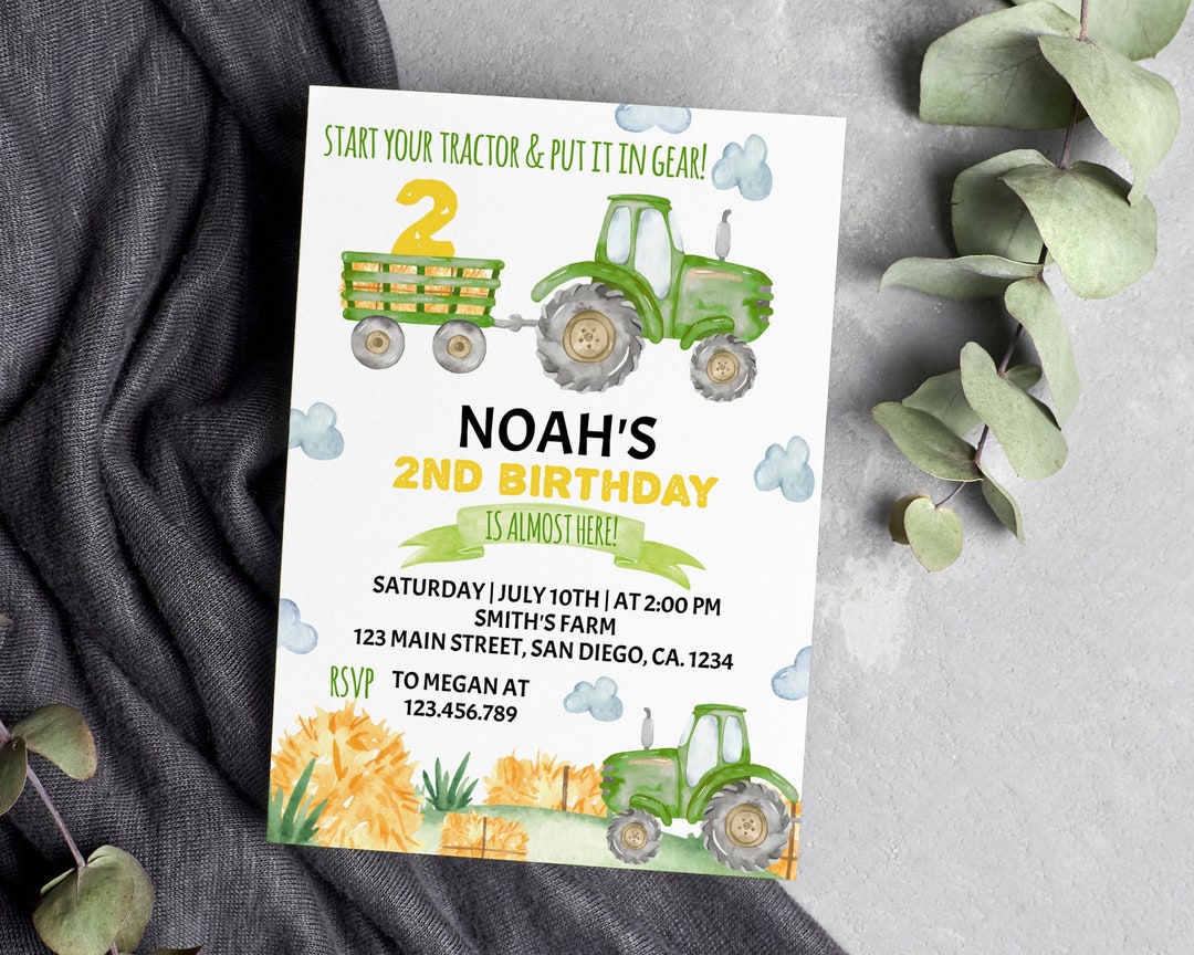 EDITABLE Tractor Birthday Invitation, Green Tractor Invitation, Boy 2nd ...