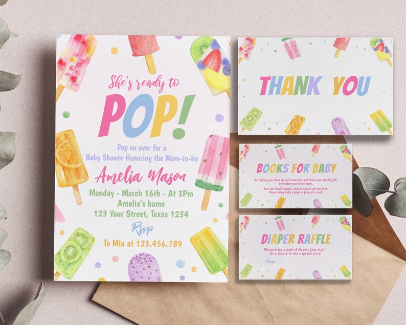 EDITABLE Popsicle Baby Shower Invitation Set, She's Ready to Pop Baby ...