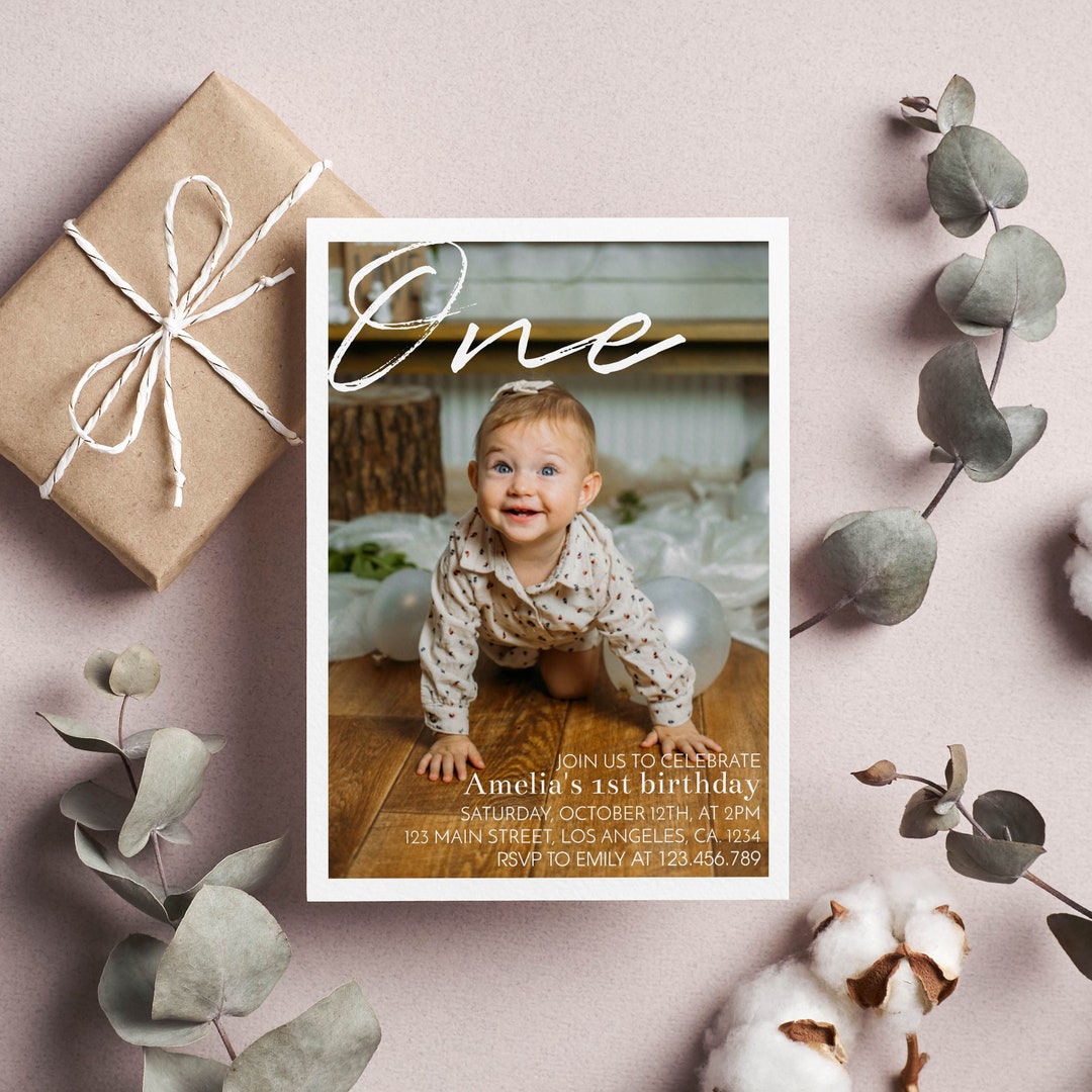 Minimalist First Birthday Invitation, Modern 1st Birthday Invite, Photo ...