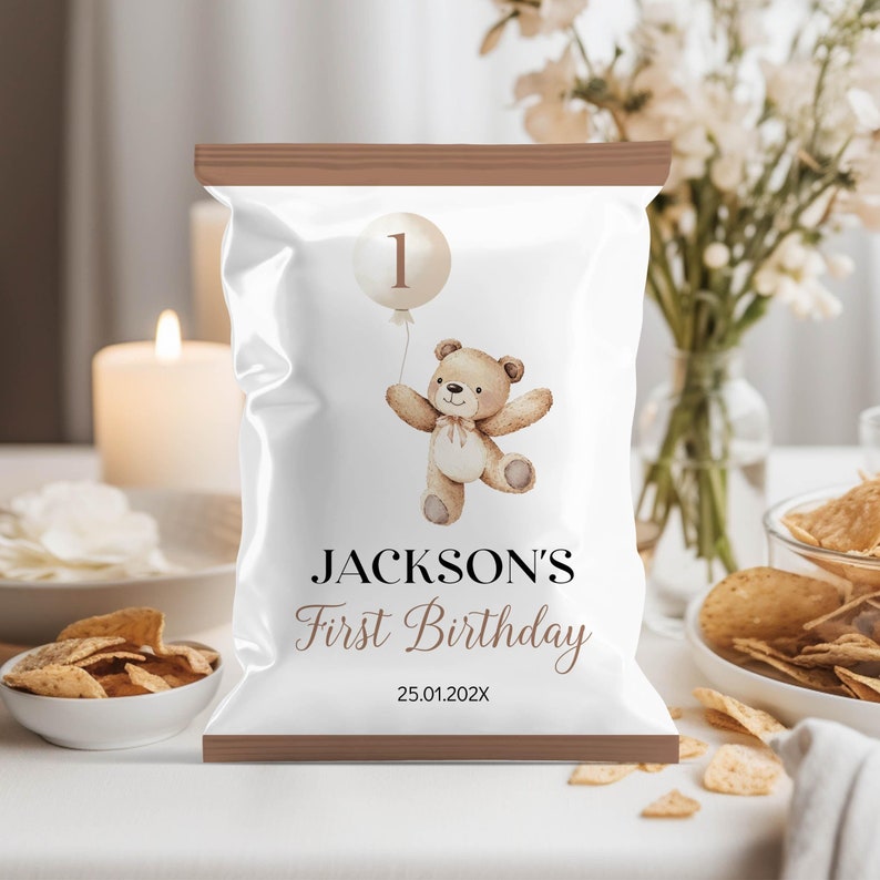 EDITABLE Bear Birthday Party Chip Bags, Beary 1st Birthday Snack Bags ...