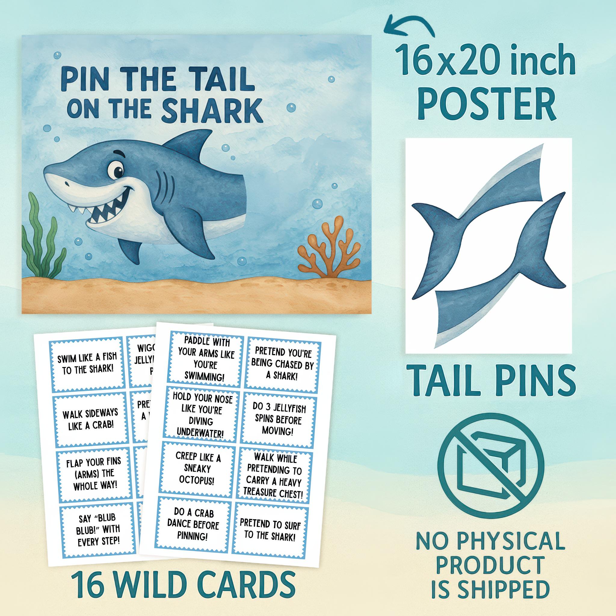 Pin the Tail on the Shark Printable Birthday Game – 16x20 Poster + Tail ...