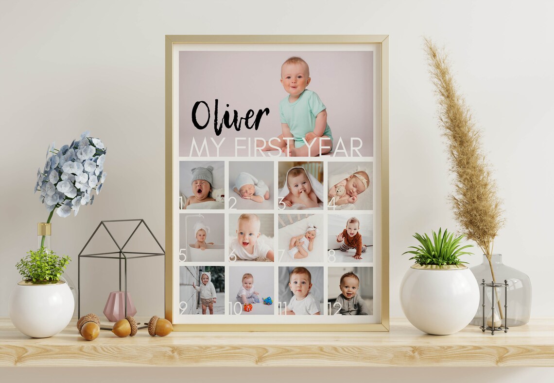 Editable First Year Photo Collage, 12 Months Photo Print, Modern First ...