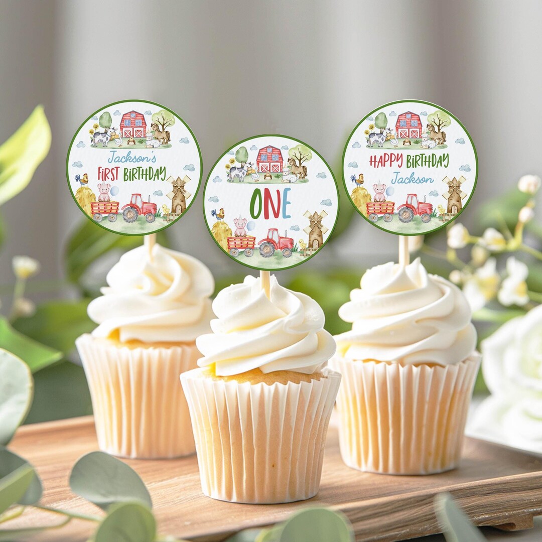 EDITABLE Farm Birthday Cupcake Toppers, Barnyard Birthday Decoration ...