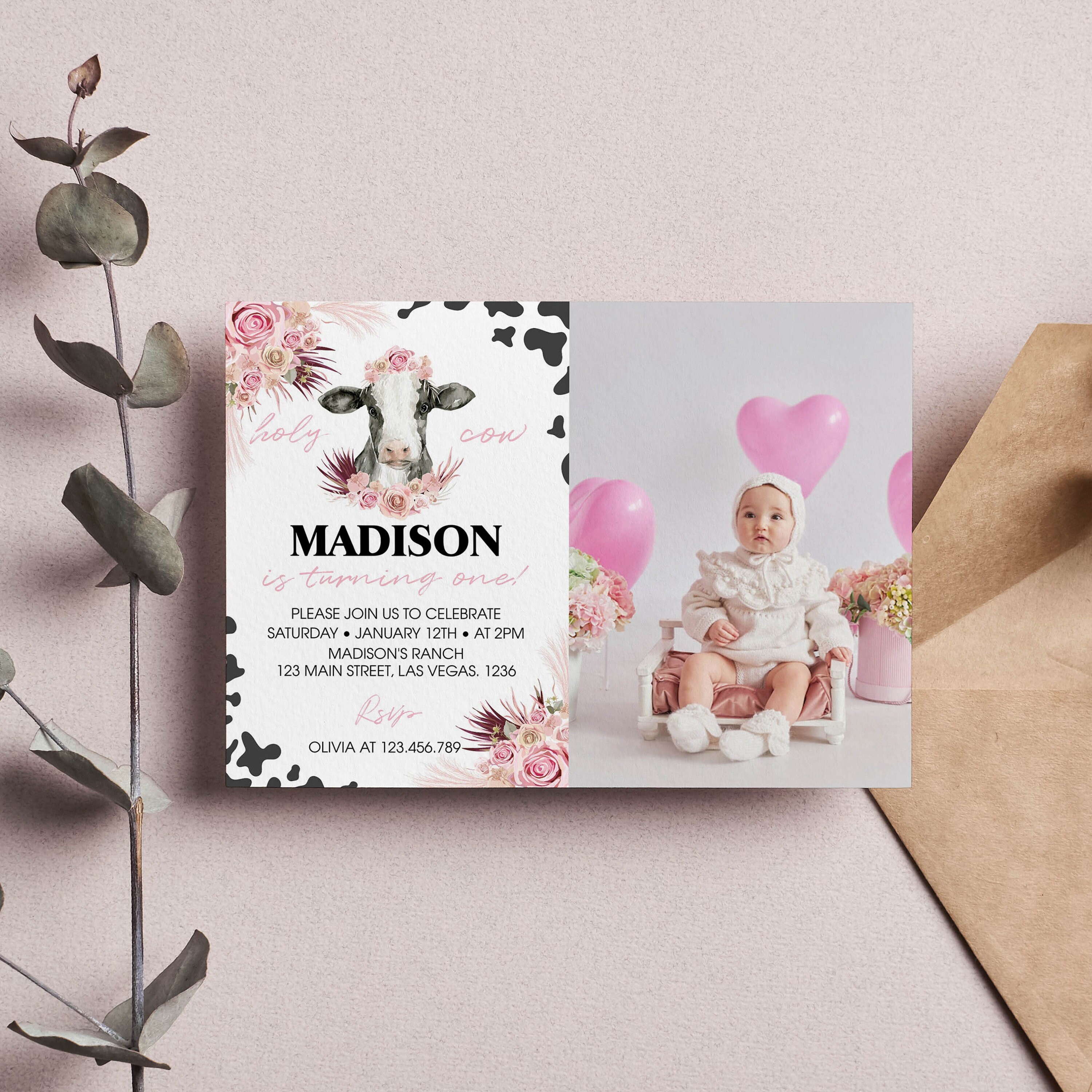 EDITABLE Holy Cow I'm One Invitation, Boho Cow Invitation, Girl Farm ...
