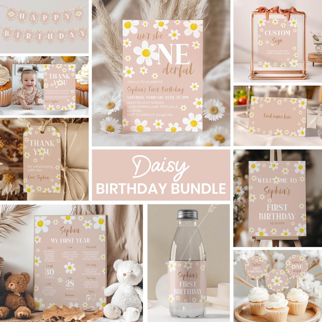 Editable Daisy 1st Birthday Invitation Bundle, Isn't She Onederful ...