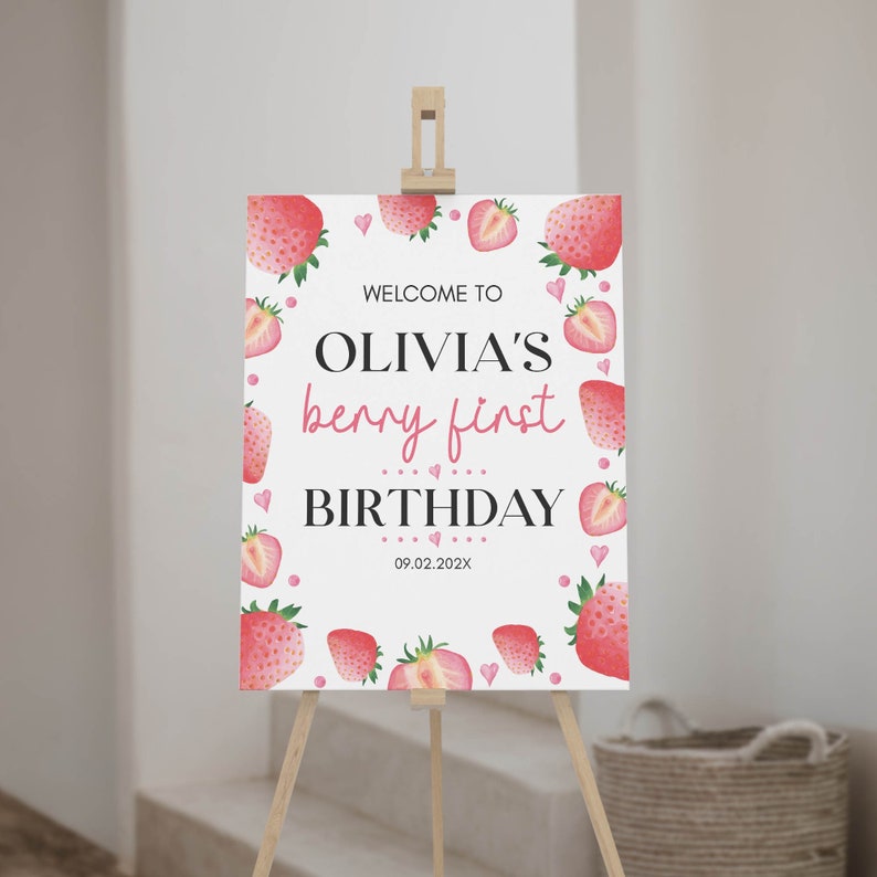 EDITABLE Strawberry Birthday Party Welcome Sign, Strawberry First ...