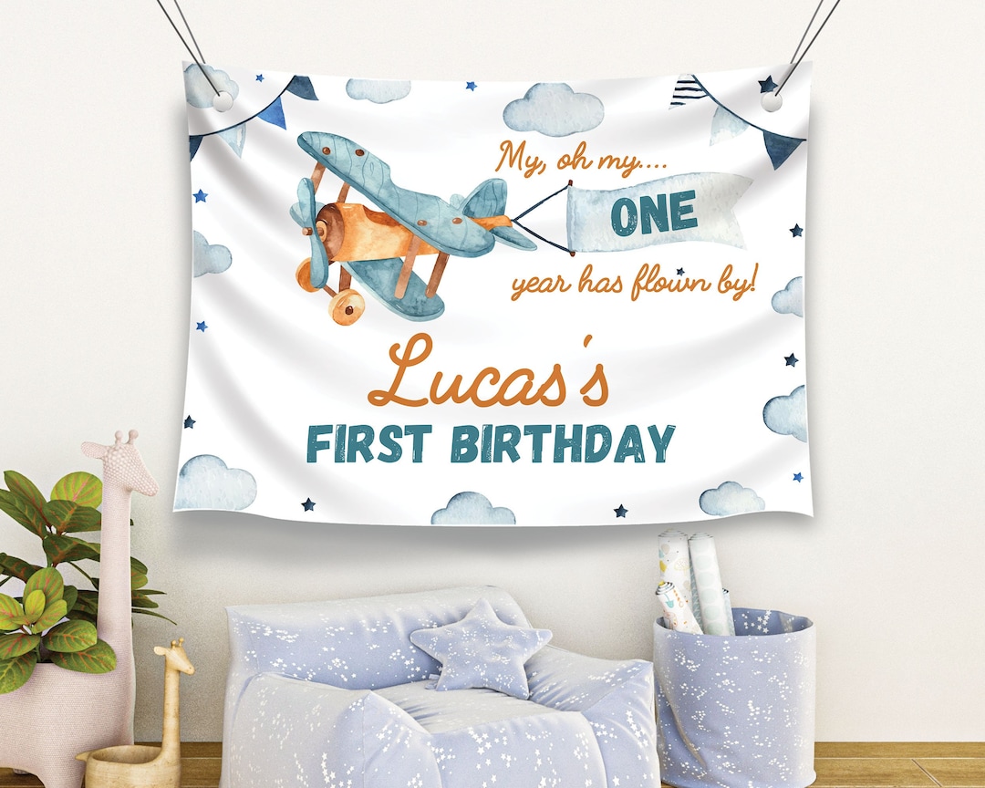 EDITABLE Vintage Airplane Birthday Backdrop, Time Flies Birthday Banner ...