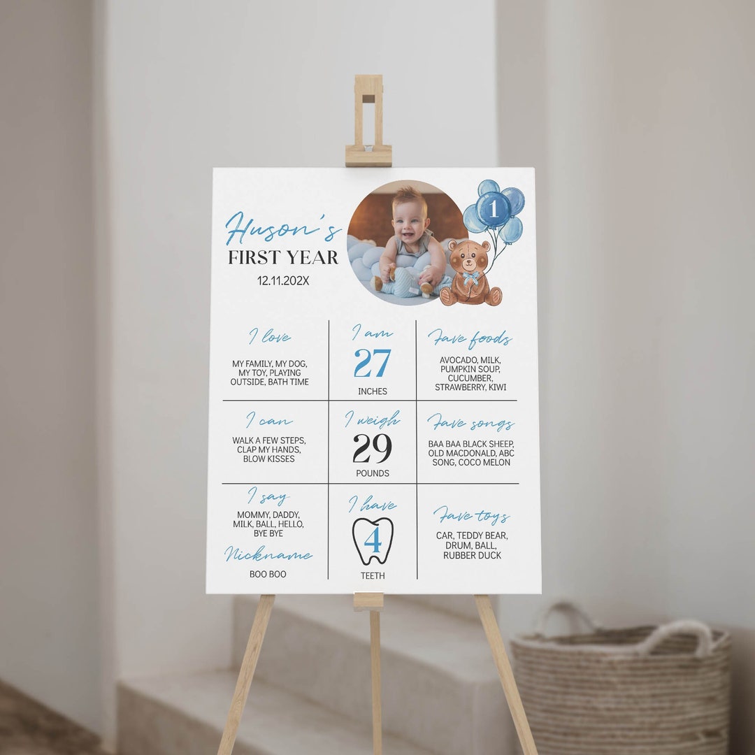 EDITABLE Beary First Birthday Milestone Poster, Teddy Bear Birthday ...